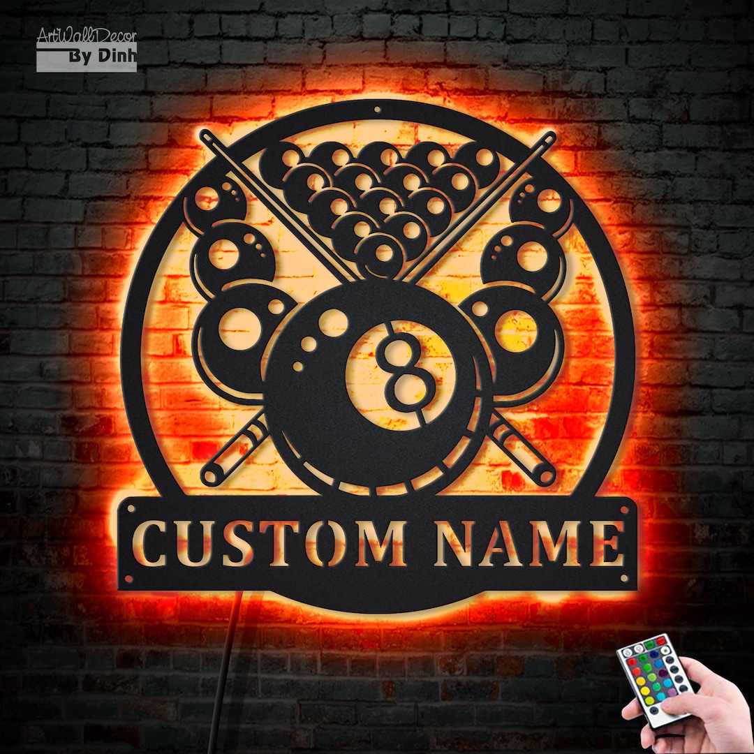 Custom Billiards Metal Wall Art With LED Light Personalized Snooker ...