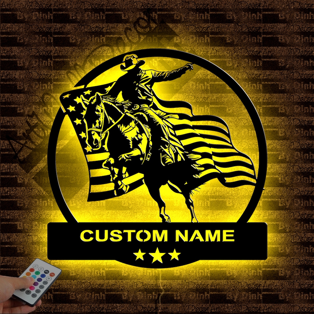 Custom American Cowboy Metal Sign LED Light, Cowboy Man Metal Wall Art ...