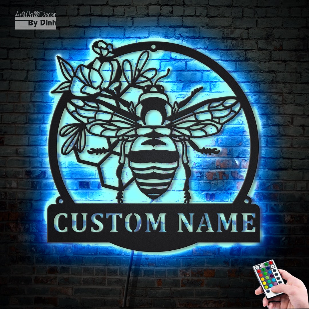 Home Sweet FLORAL Bee Metal Wall Art LED Light Personalized Beekeeper ...
