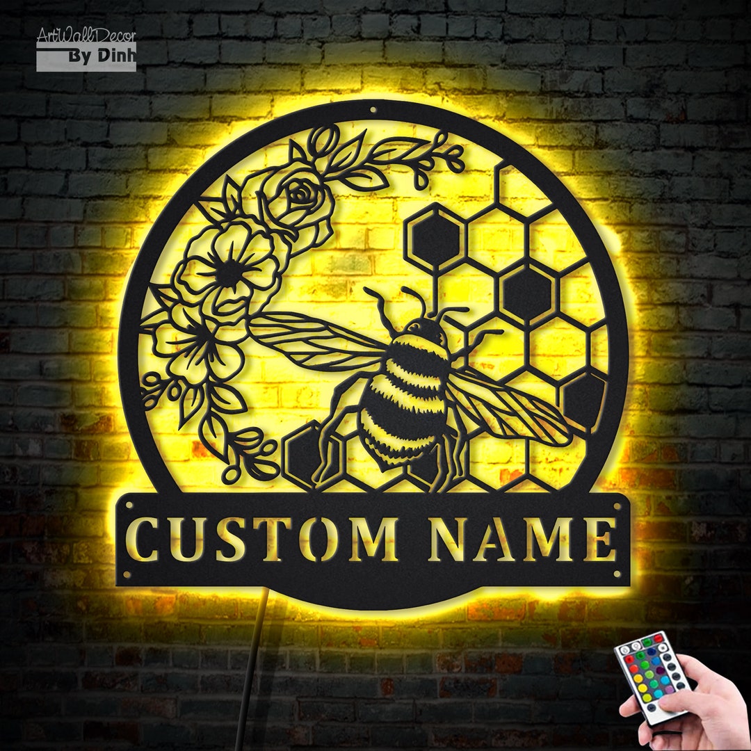 Honey Bee Garden Metal Wall Art LED Light Personalized Beekeeper Name ...