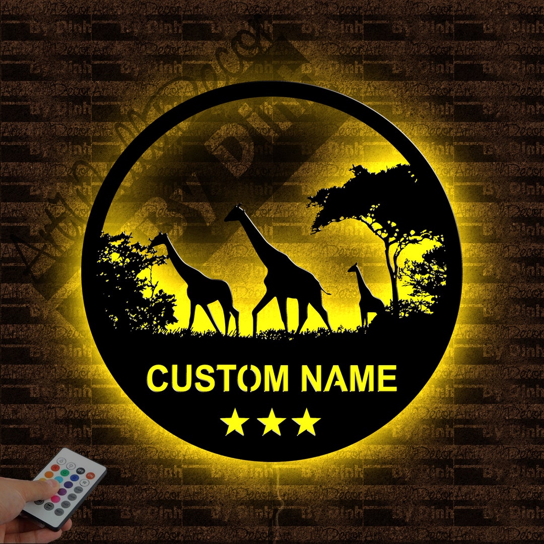 Personalized Giraffe Metal Wall Art LED Light, Custom Giraffe Metal ...