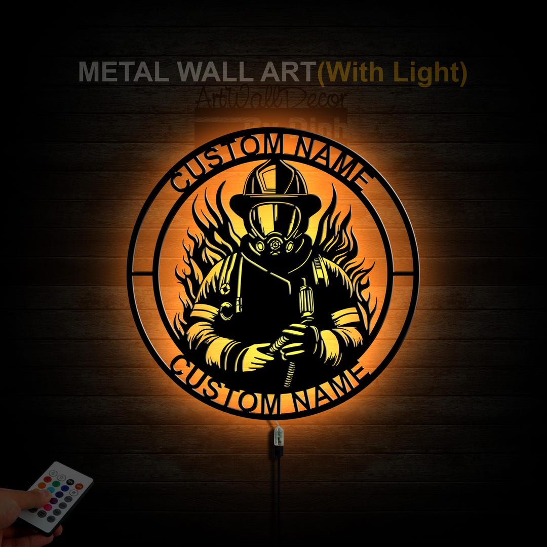 Personalized Fireman Metal Sign LED Light Firefighter Metal Wall Art ...