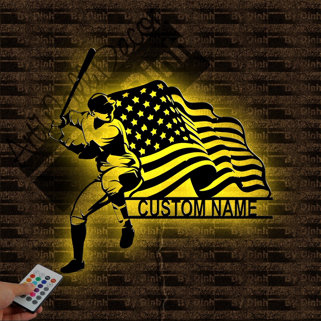 Personalized Baseball US Flag Metal Sign LED Light, Baseball Metal Wall ...