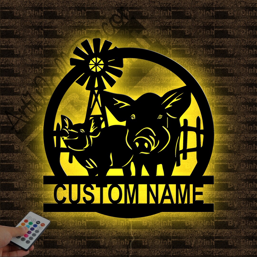 Personalized Pig Metal Sign LED Light, Custom Pig Farmhouse Name Sign ...