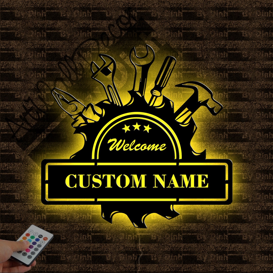 Personalized Mechanic Tools Metal Sign LED Light, Workshop Metal Wall ...