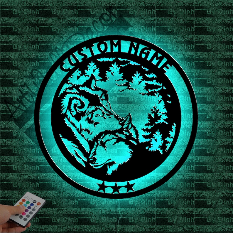 Personalized Wolves Metal Wall Art LED Light, Custom Wolf Metal Sign ...