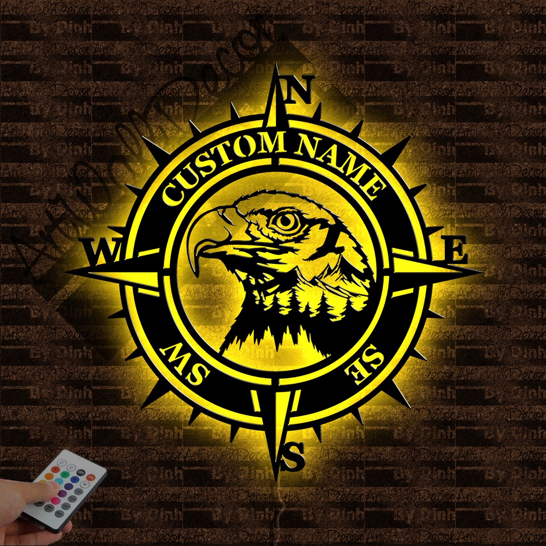 Custom Compass Eagle Metal Wall Art LED Light, Eagle Metal Sign, Eagle ...
