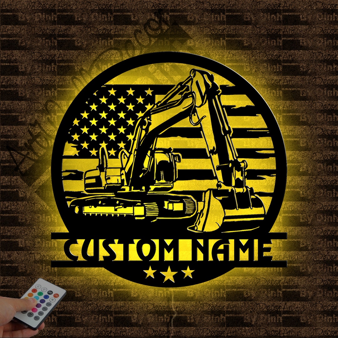 Personalized Excavator Metal Wall Art LED Light, Us Excavator Metal ...