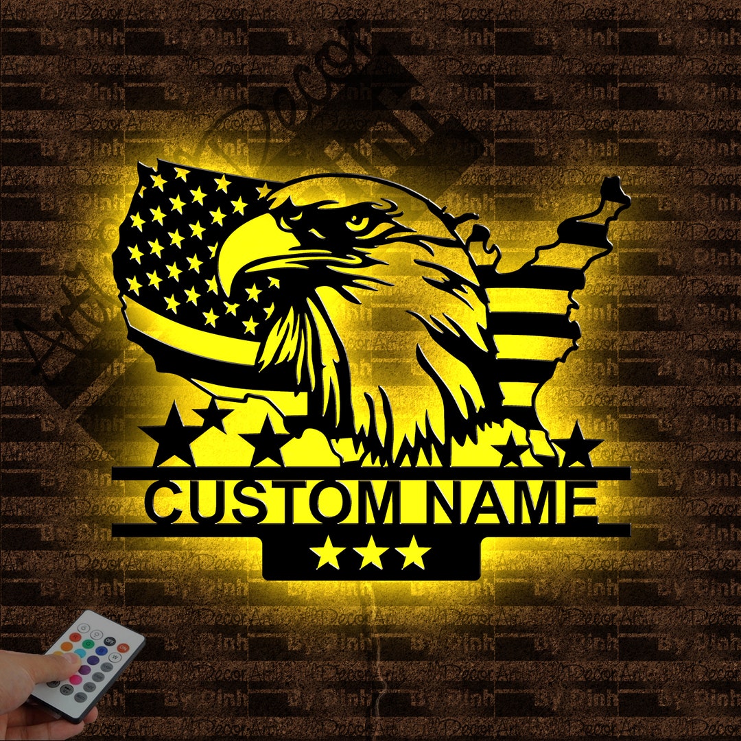 Personalized American Eagle Metal Wall Art LED Light, US Eagle Metal ...