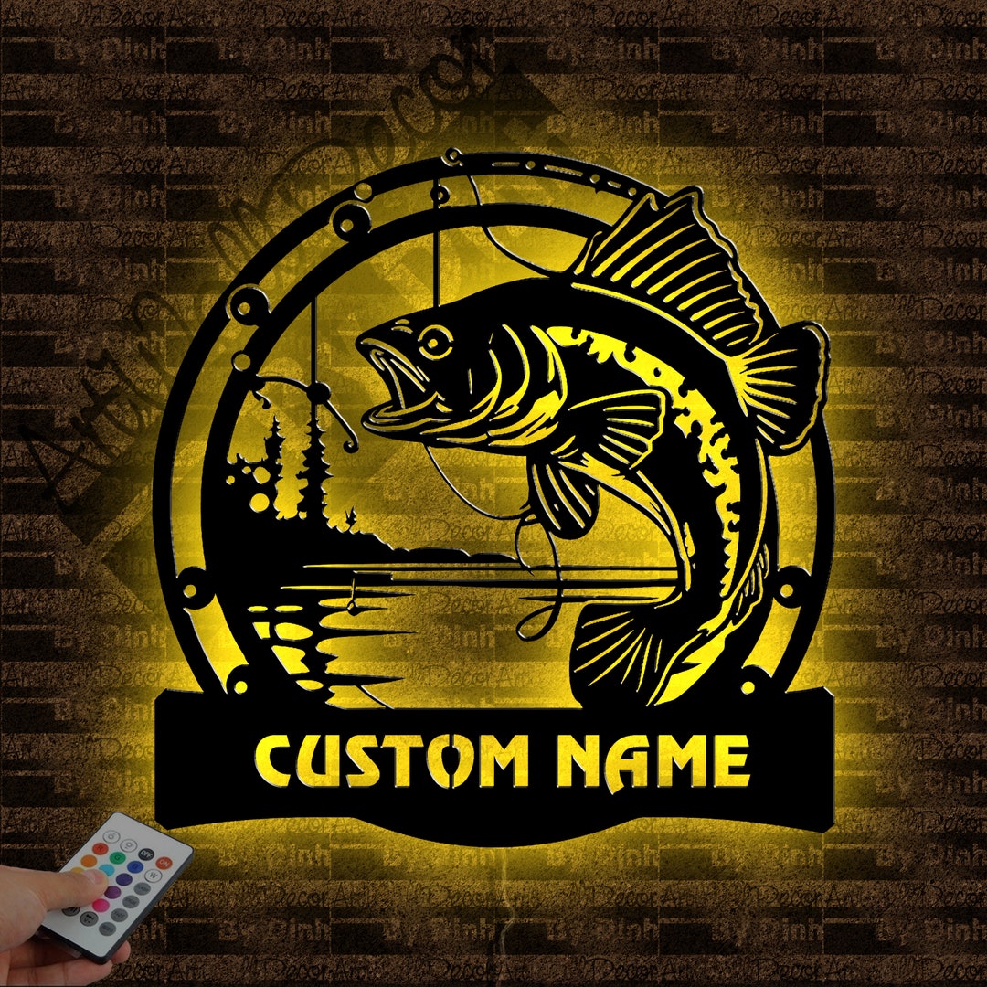 Custom Fishing Metal Wall Decor LED Light, Bass Fishing Metal Sign ...