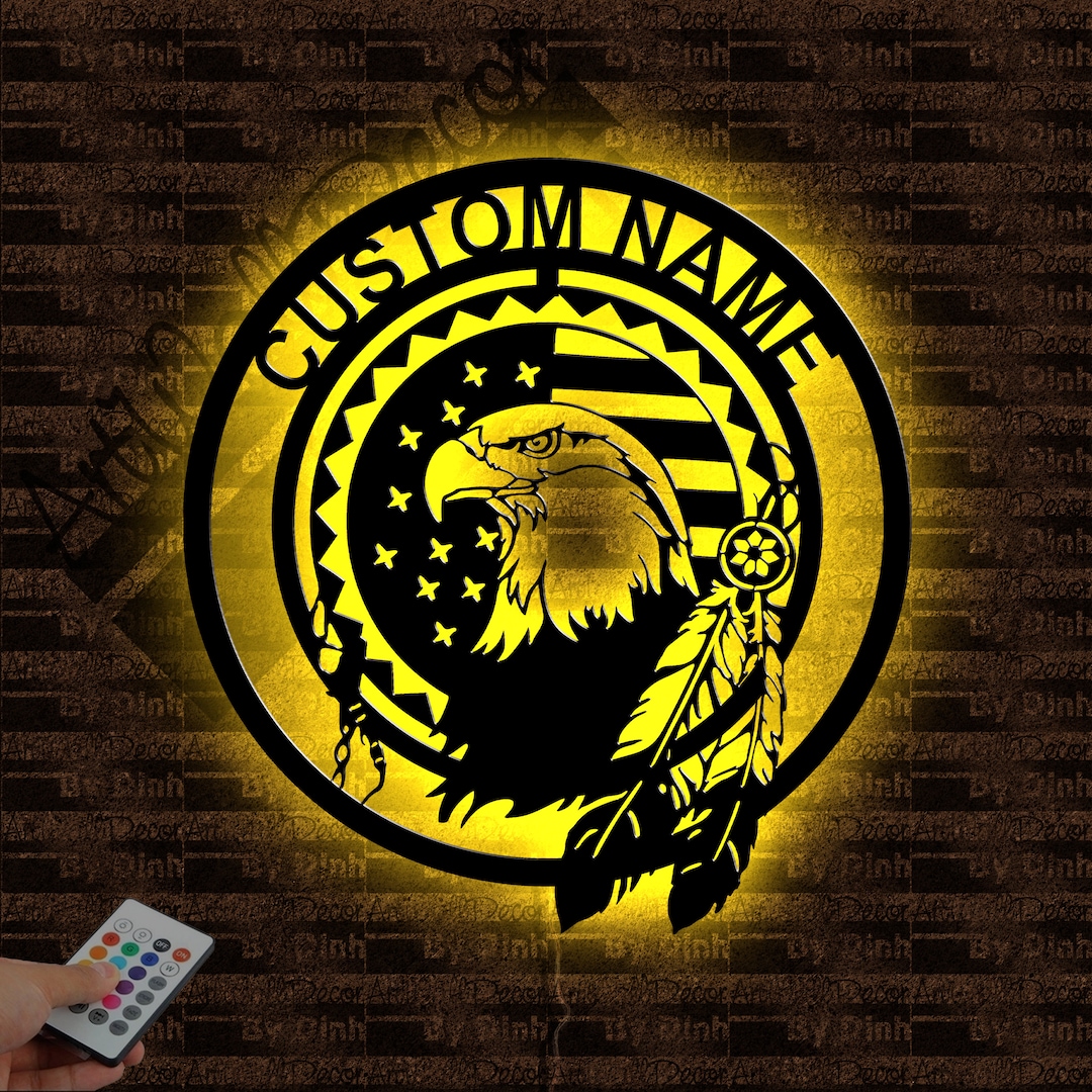 Custom Native Eagle Metal Wall Art LED Light, Native Eagle Metal Sign ...