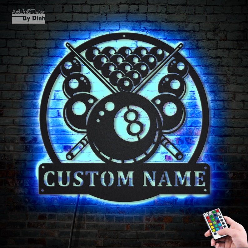Custom Billiards Metal Wall Art With LED Light Personalized Snooker ...