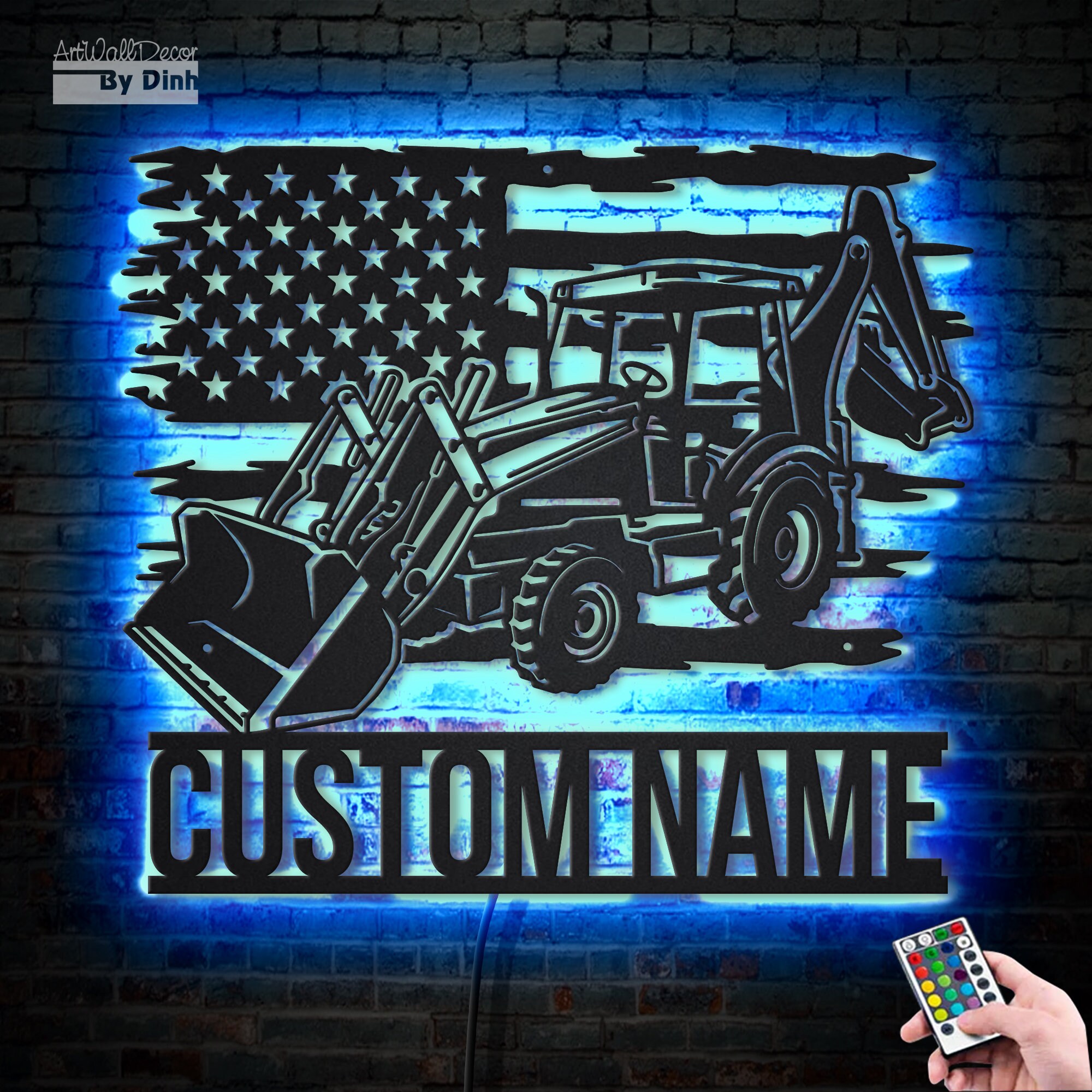 Custom Metal Wall Art With Backhoe Loader LED RGB, Custom Name Sign for ...
