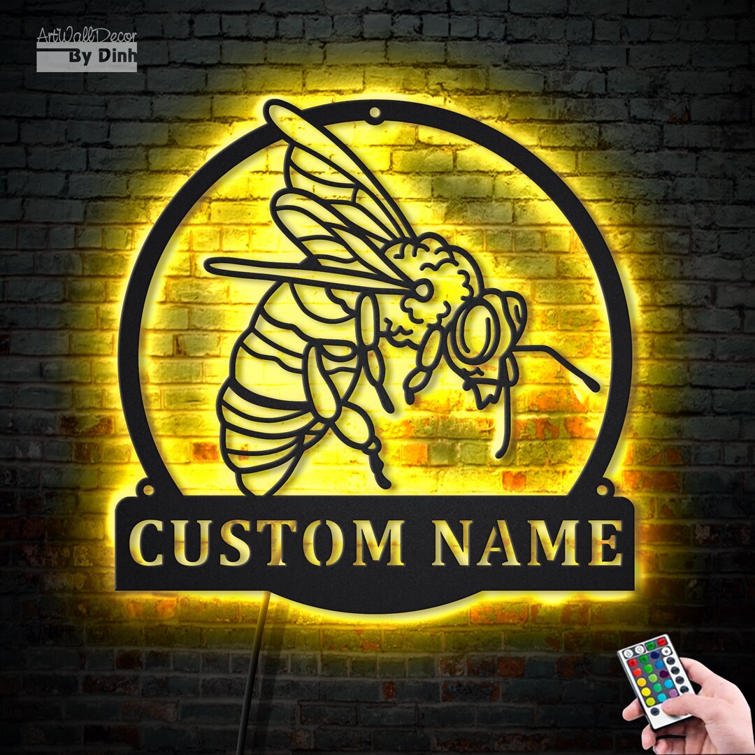 Custom Monogram Bee Metal Wall Art LED Light Personalized Beekeeper ...