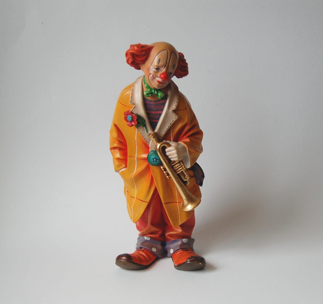 Vintage Clown Figure Wood Hand Carved Painted Trumpet Circus Circus St ...