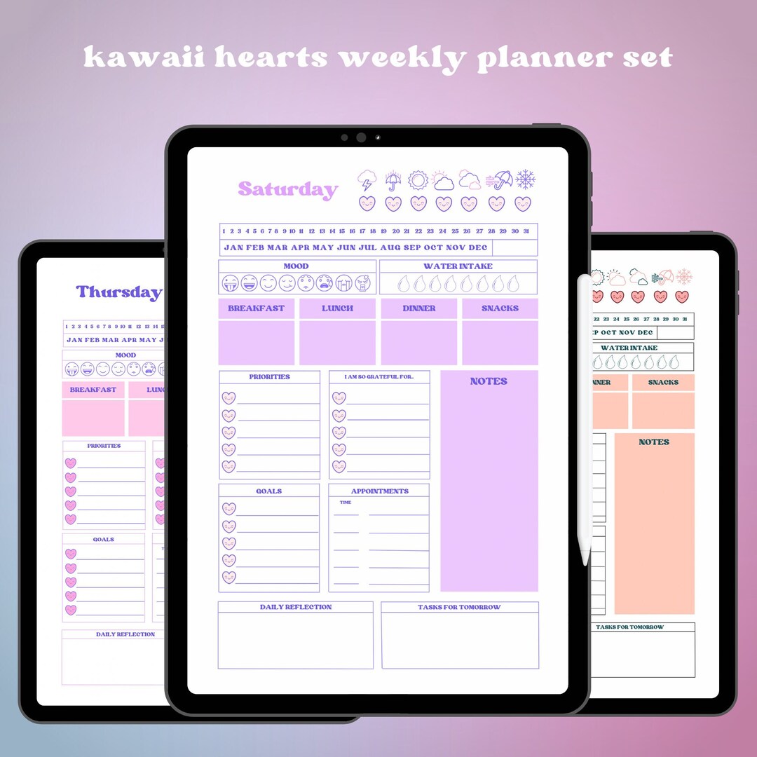 Kawaii Hearts Weekly Planner Goodnotes Template, Goal Tracker, Digital ...
