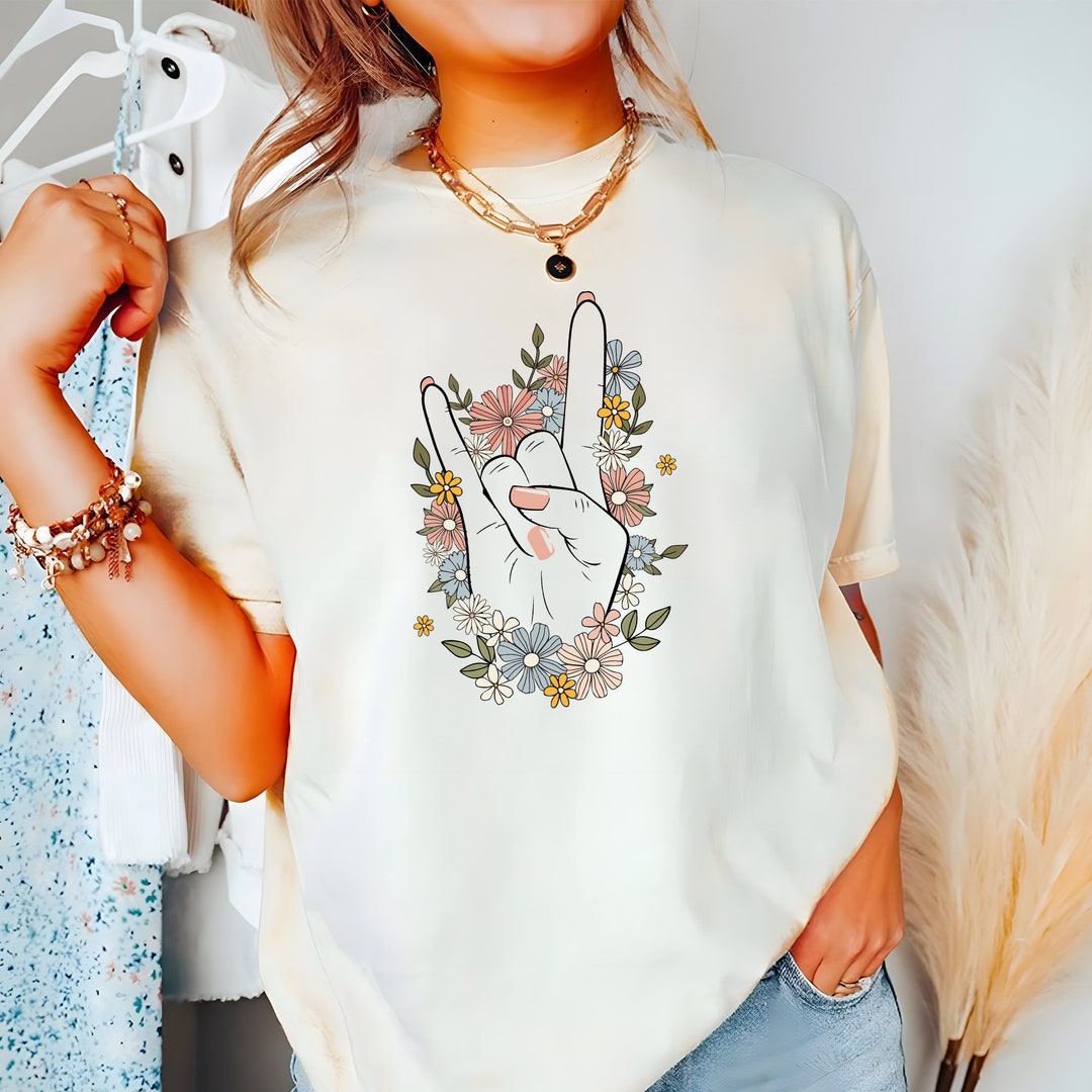 Floral Rock Hand Sign Shirt, Rock N Roll Tee, Rock Lover Gift, Musician ...
