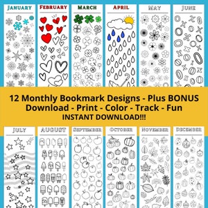 12 Monthly Coloring Tracker Printable Bookmark Designs | Bookmark ...