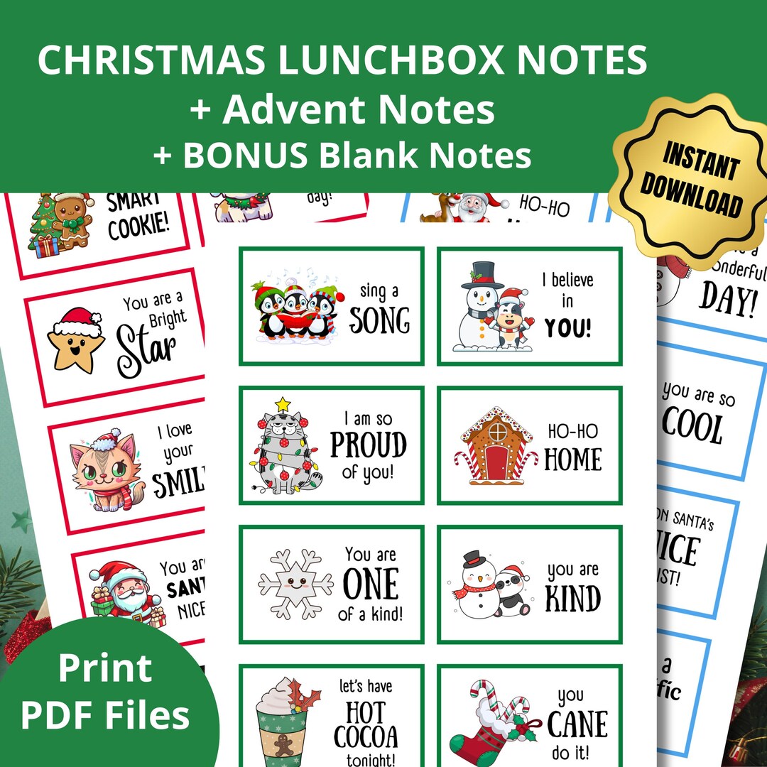 Christmas Lunchbox Notes Printable Advent Numbers Notes Blank Designs ...