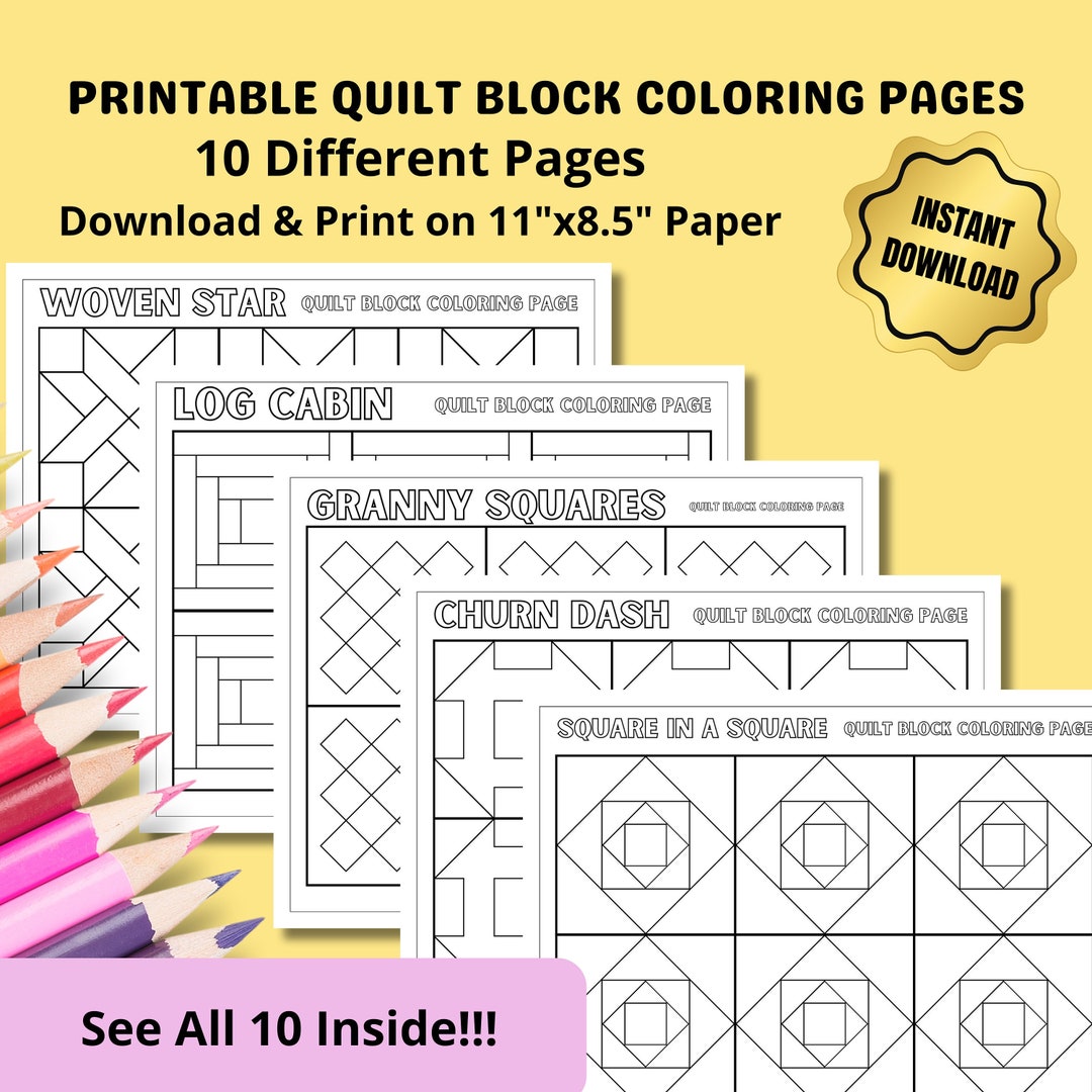 Printable Quilt Block Coloring Pages Bundle PDF With 10 Pages 11"x8.5 ...
