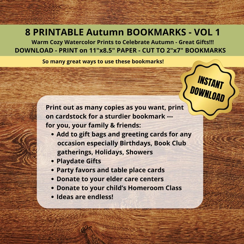Printable Autumn Bookmarks VOLUME 2 Set of 8 Fall-themed Watercolor ...