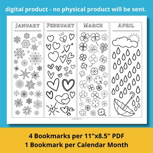 12 Monthly Coloring Tracker Printable Bookmark Designs | Bookmark ...