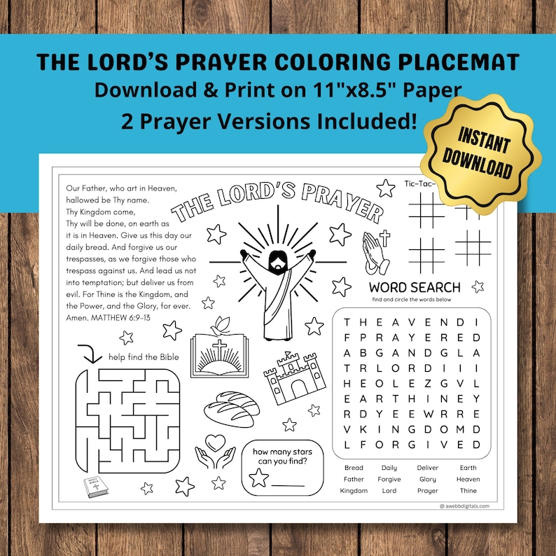 Printable Lord's Prayer Coloring Placemat 11"x8.5" Christian Coloring ...