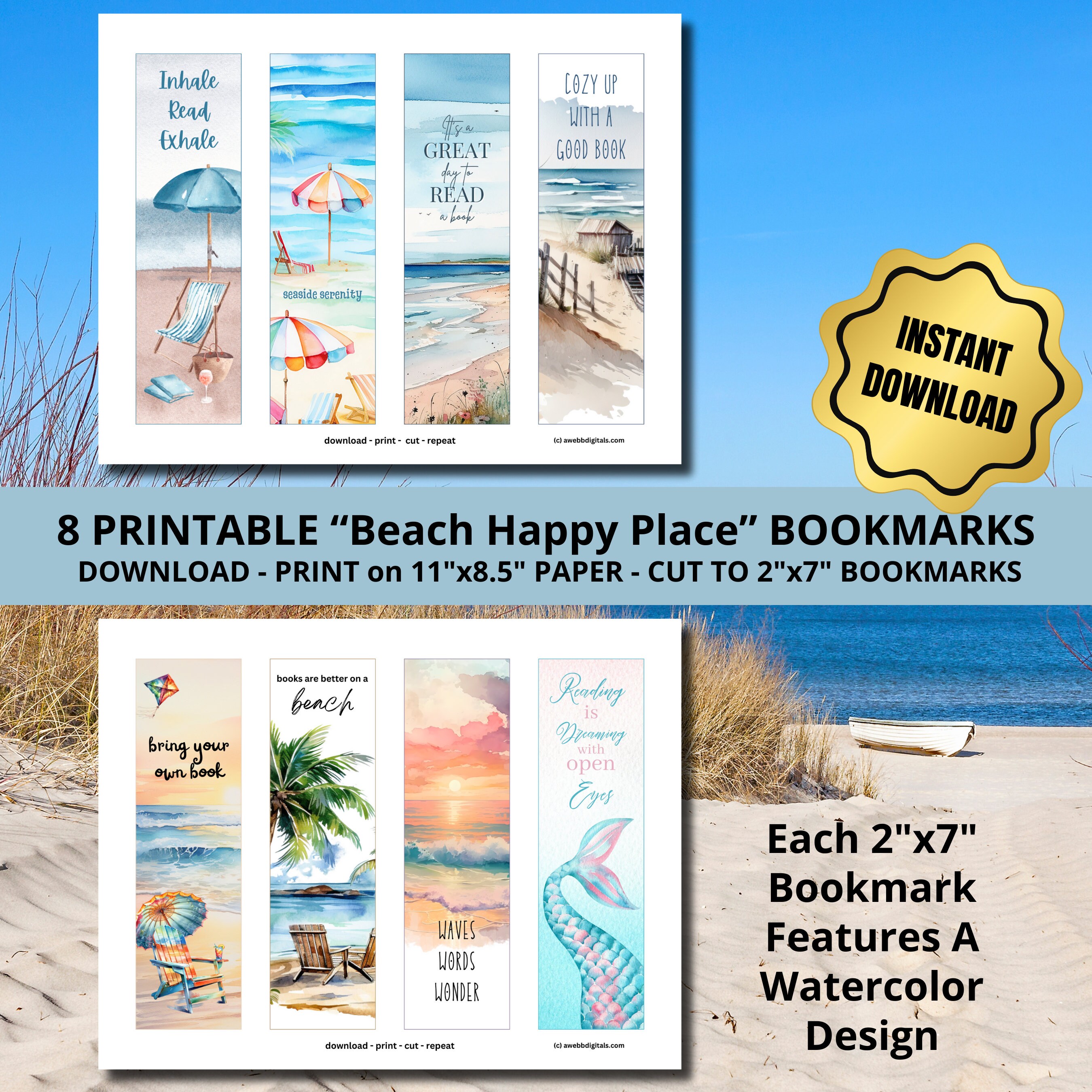 Printable Beach Happy Place Bookmarks Set of 8 Instant Download Prints ...