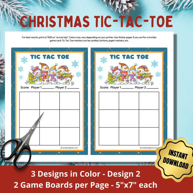 Christmas Tic Tac Toe Printable 5x7 Cards 3 Festive Holiday Designs in ...