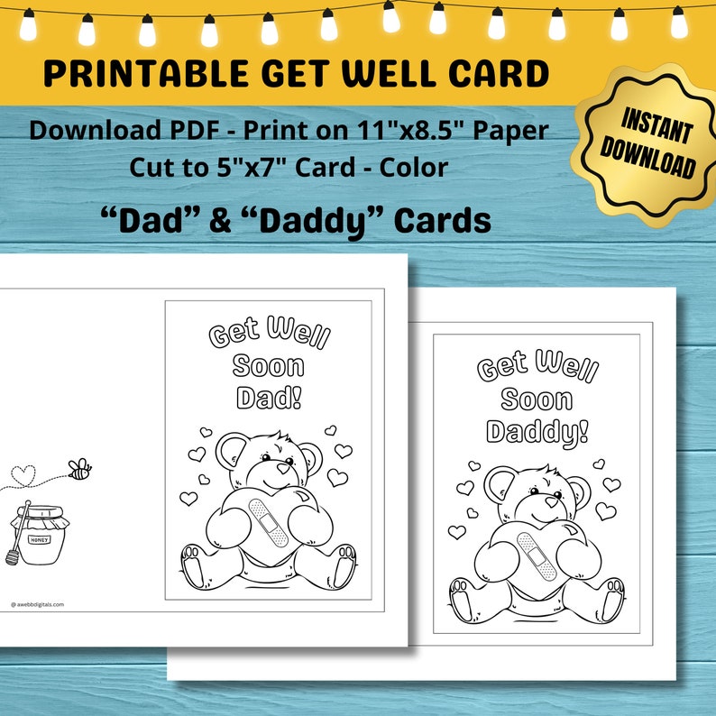 Printable Get Well Cards for Kids to Color With Teddy Bear Hearts 11x8 ...