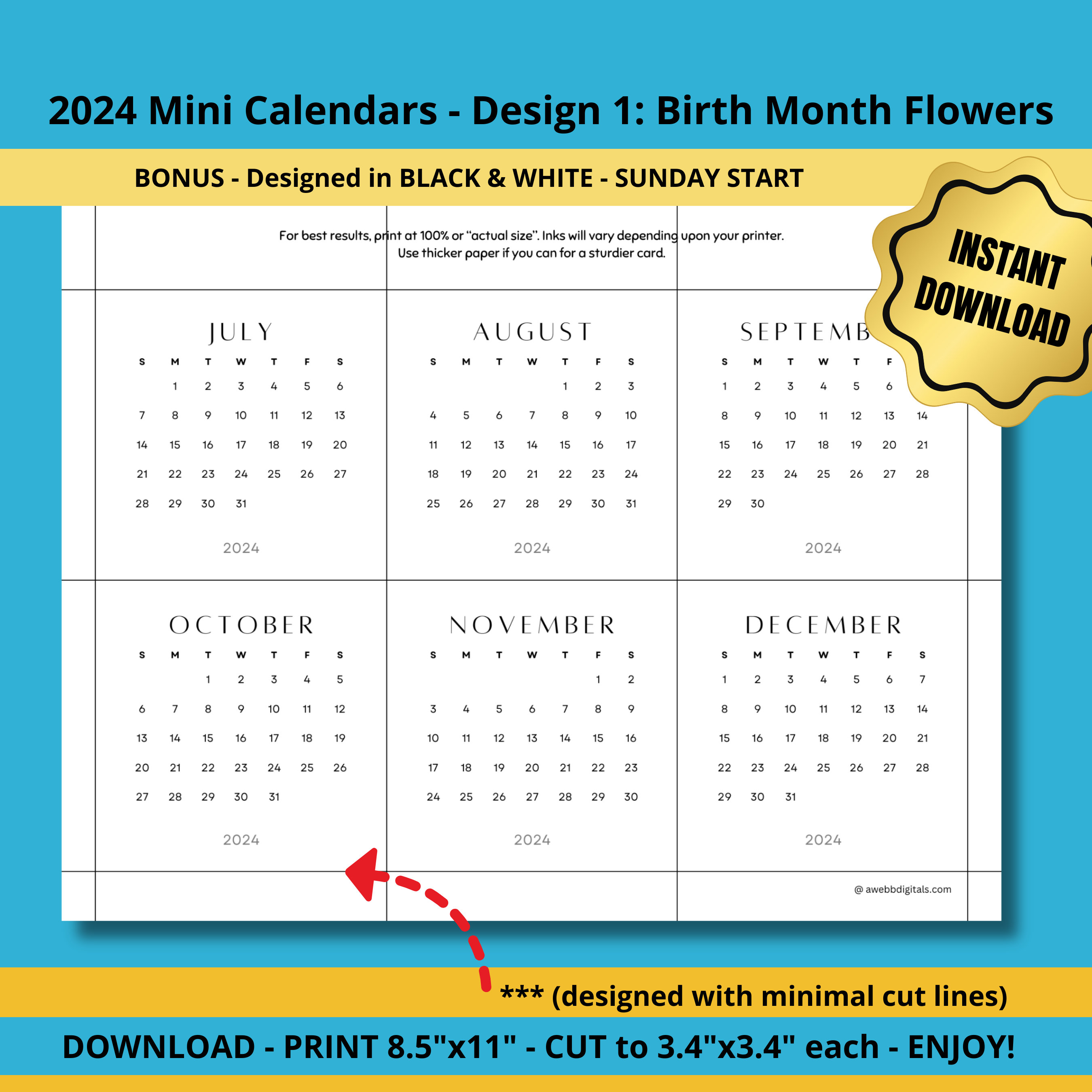 2024 Printable Mini Calendar Cards Sunday Start Birth Month Flowers ...
