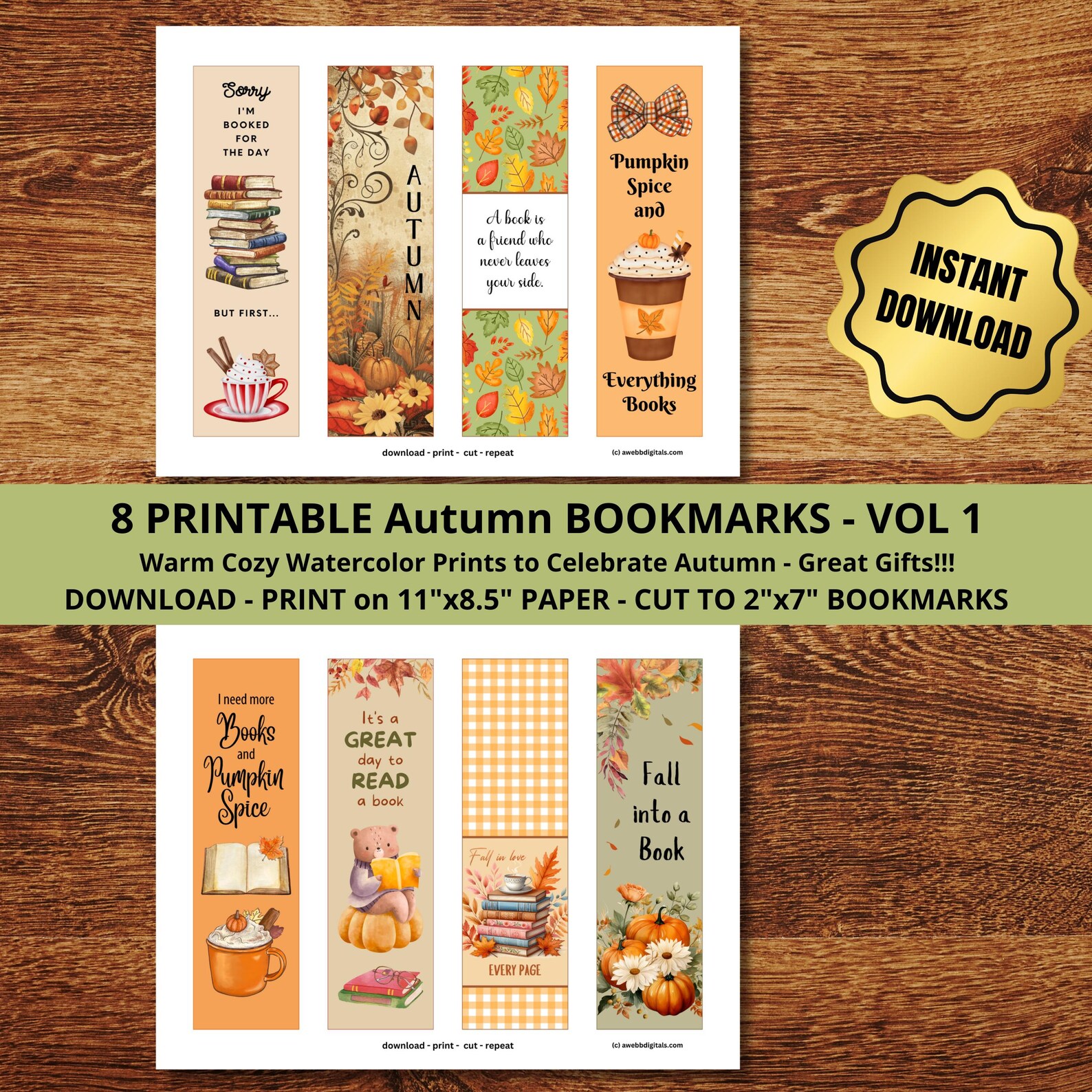 Printable Autumn Bookmarks VOLUME 2 Set of 8 Fall-themed Watercolor ...
