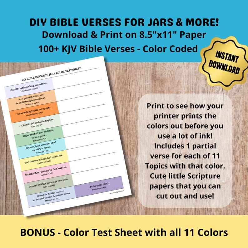 Printable DIY Bible Verses in a Jar 11 Topics 100+ KJV Scriptures Color ...