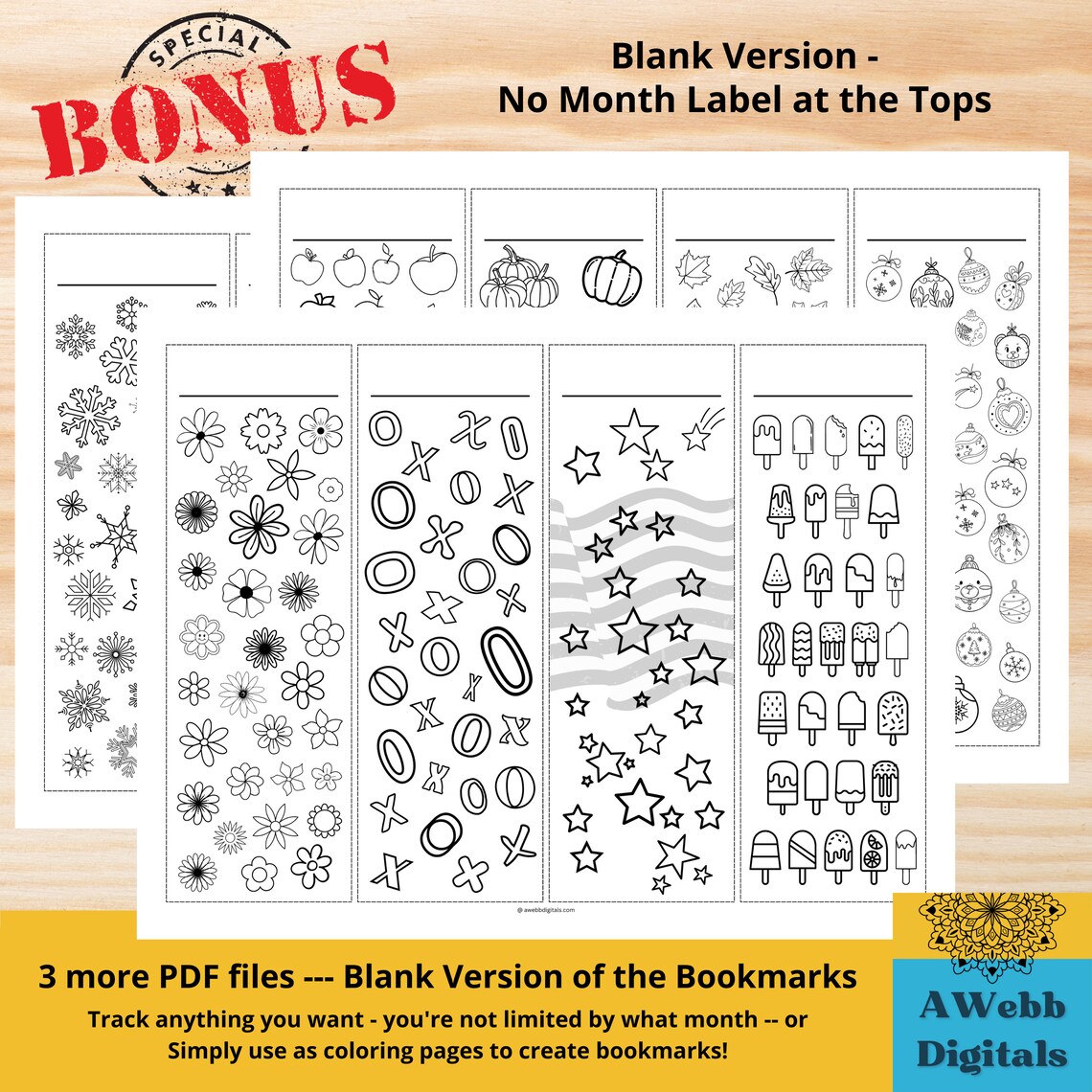 12 Monthly Coloring Tracker Printable Bookmark Designs | Bookmark ...
