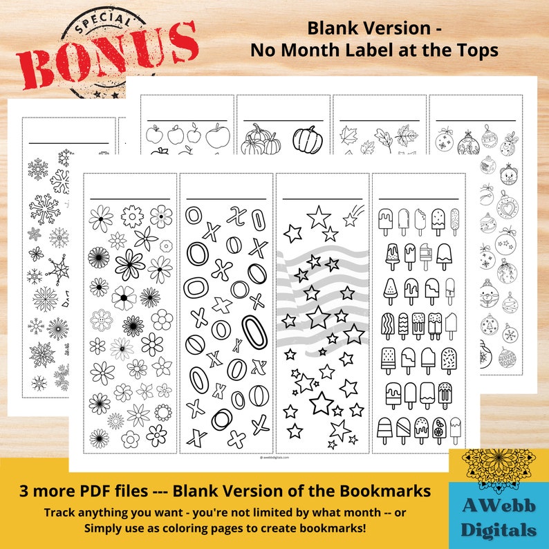 12 Monthly Coloring Tracker Printable Bookmark Designs | Bookmark ...