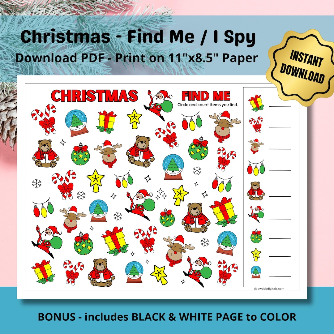 Printable Christmas Find Me I Spy Game Color BONUS Black White Coloring ...