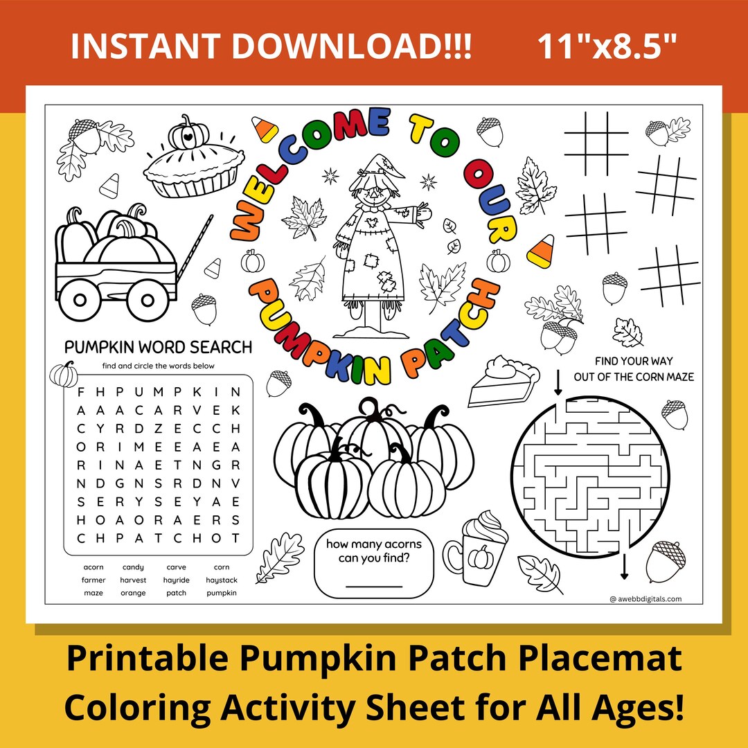 Autumn Pumpkin Patch Printable Coloring Placemat With Activities Fall ...