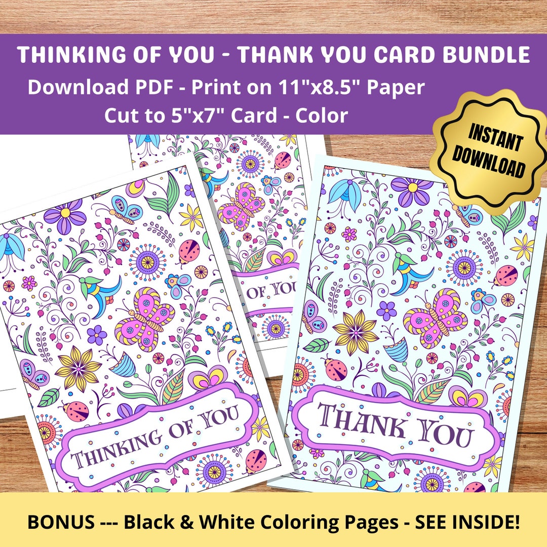 Printable Thinking of You Thank You Greeting Card Bundle Cuts to 5"x7 ...