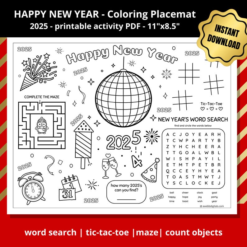 Printable 2025 New Year's Coloring Placemat for Kids Fun Activities ...