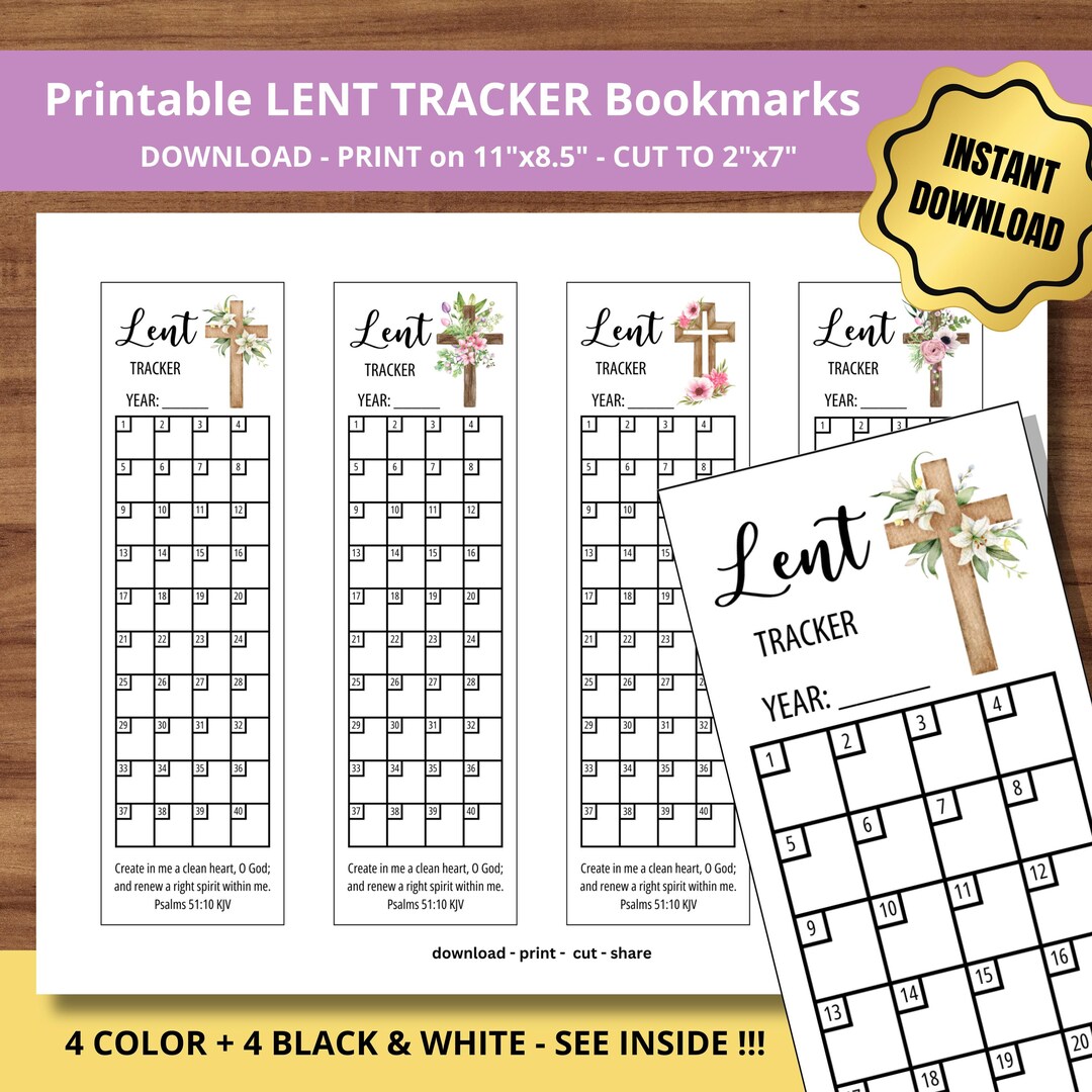 Printable Easter Lent Tracker Bookmarks 4 Color and 4 Black-and-white ...