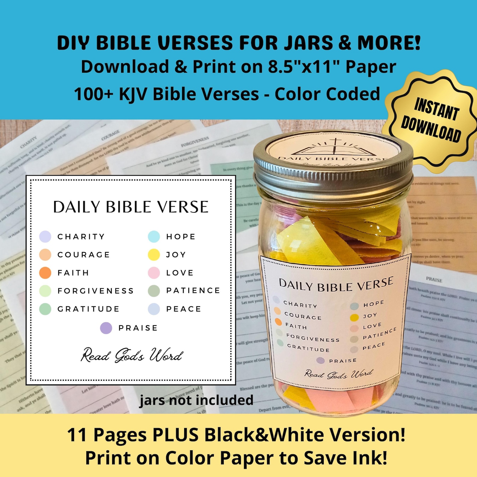 Printable DIY Bible Verses in a Jar 11 Topics 100+ KJV Scriptures Color ...
