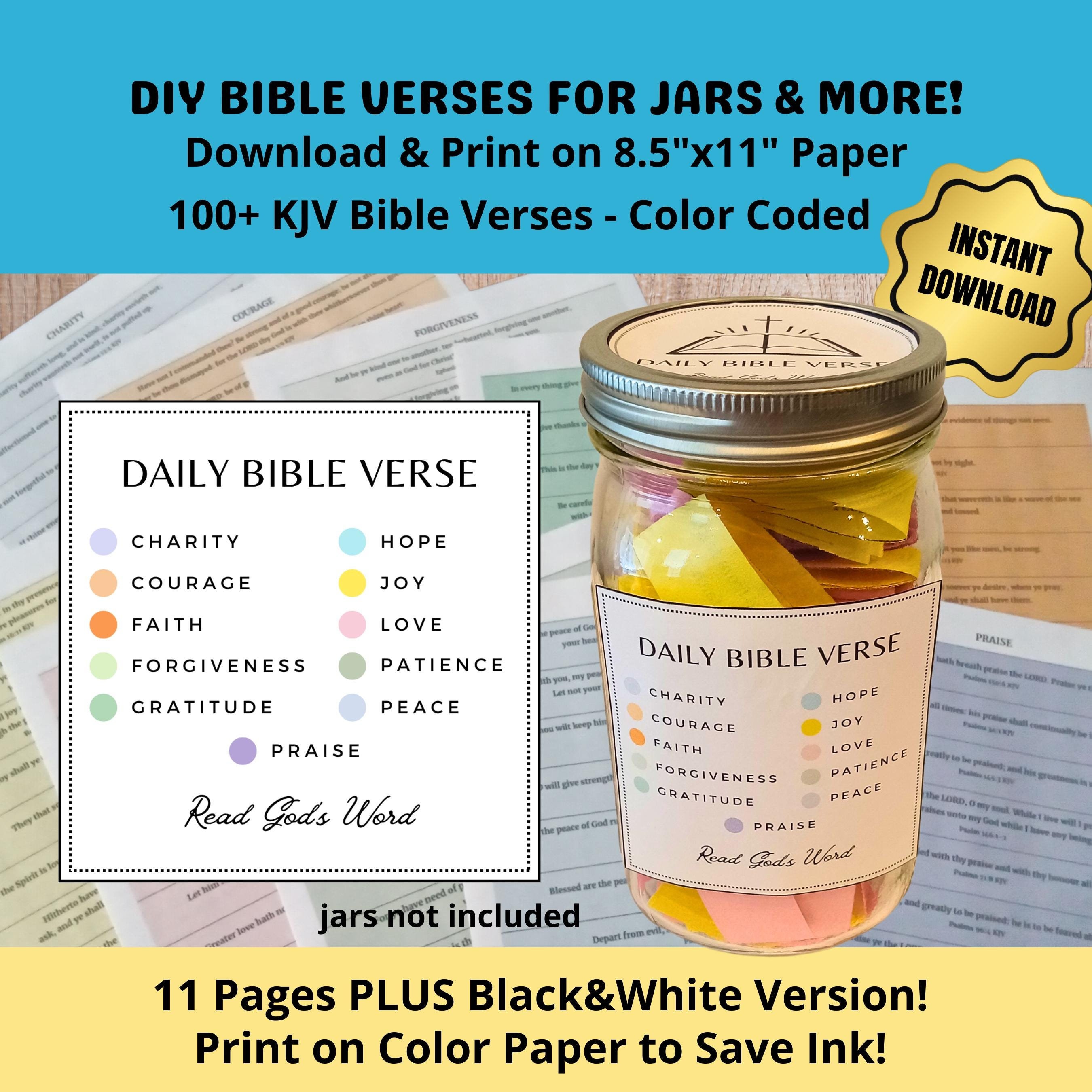 Printable DIY Bible Verses in a Jar 11 Topics 100+ KJV Scriptures Color ...