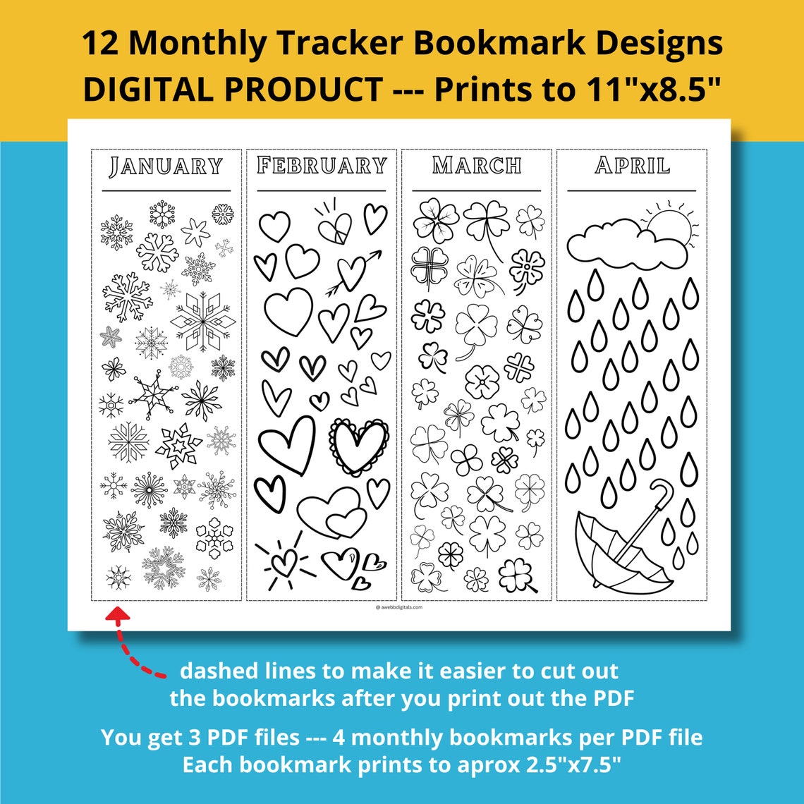 12 Monthly Coloring Tracker Printable Bookmark Designs | Bookmark ...