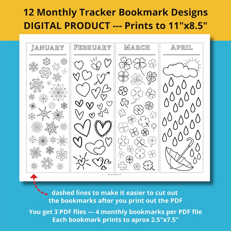 12 Monthly Coloring Tracker Printable Bookmark Designs | Bookmark ...