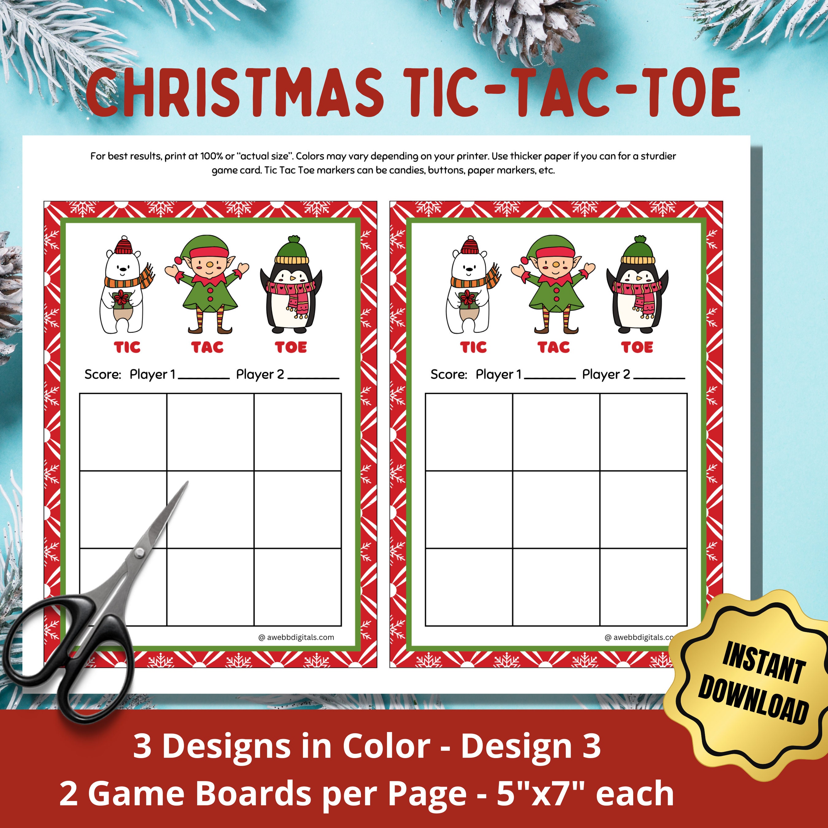 Christmas Tic Tac Toe Printable 5x7 Cards 3 Festive Holiday Designs in ...