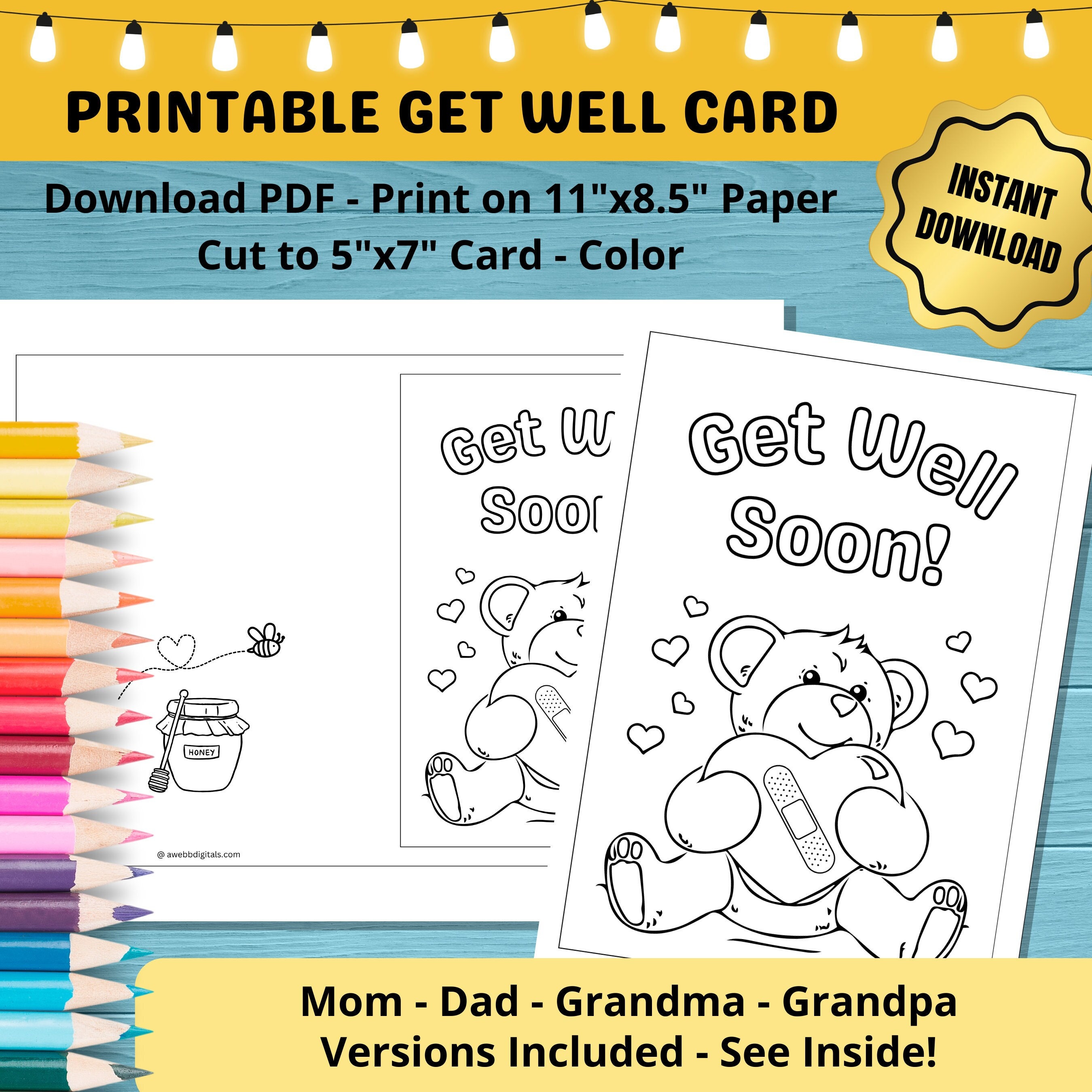 Printable Get Well Cards for Kids to Color With Teddy Bear Hearts 11x8 ...