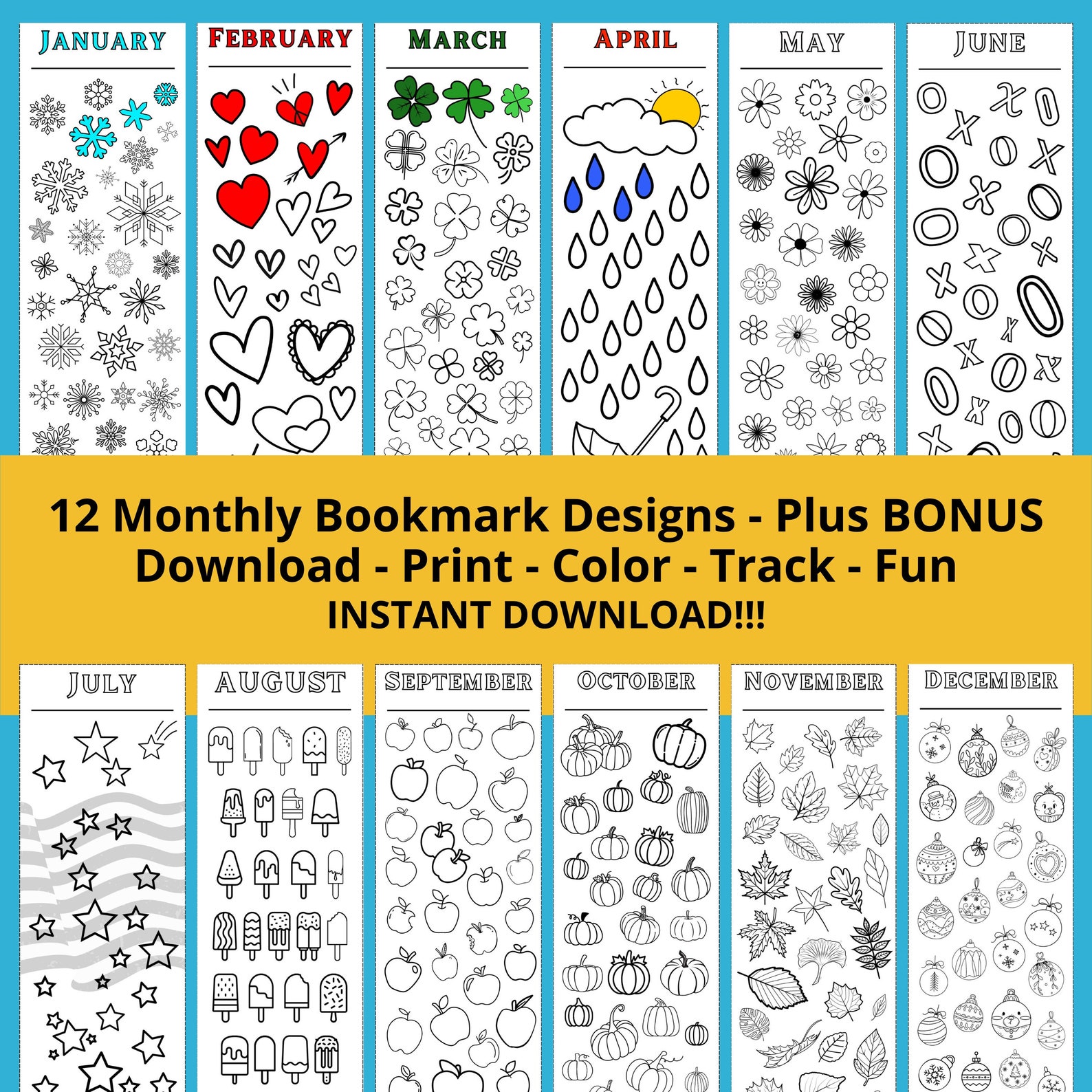 12 Monthly Coloring Tracker Printable Bookmark Designs | Bookmark ...