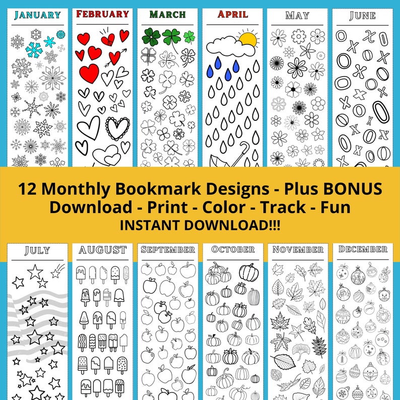 12 Monthly Coloring Tracker Printable Bookmark Designs | Bookmark ...