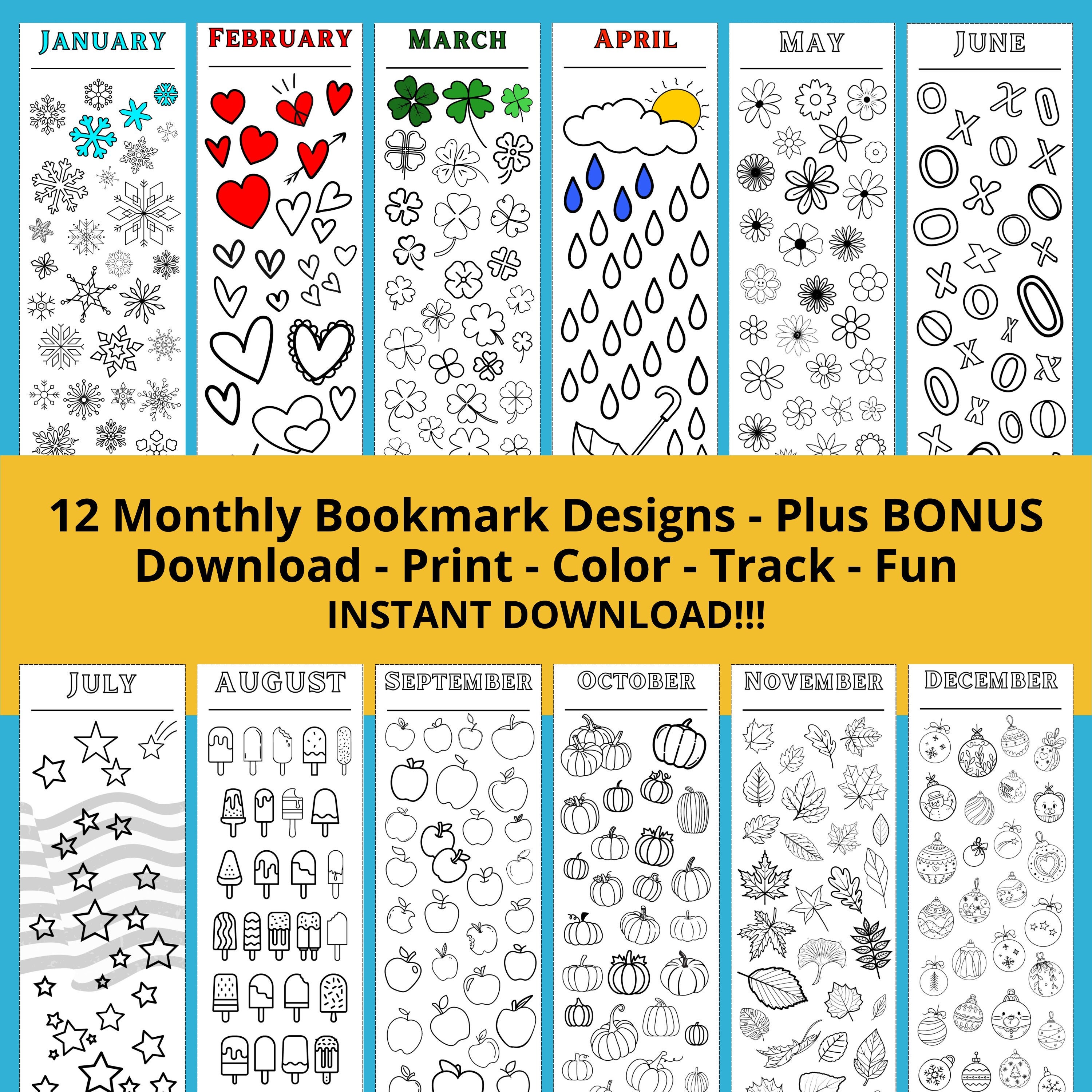 12 Monthly Coloring Tracker Printable Bookmark Designs | Bookmark ...