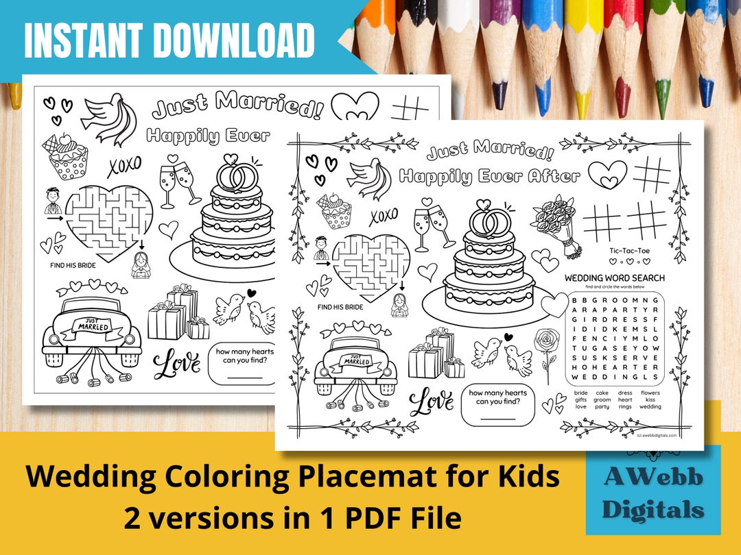 Wedding Coloring Placemat for Kids, Wedding Instant Download Activity ...